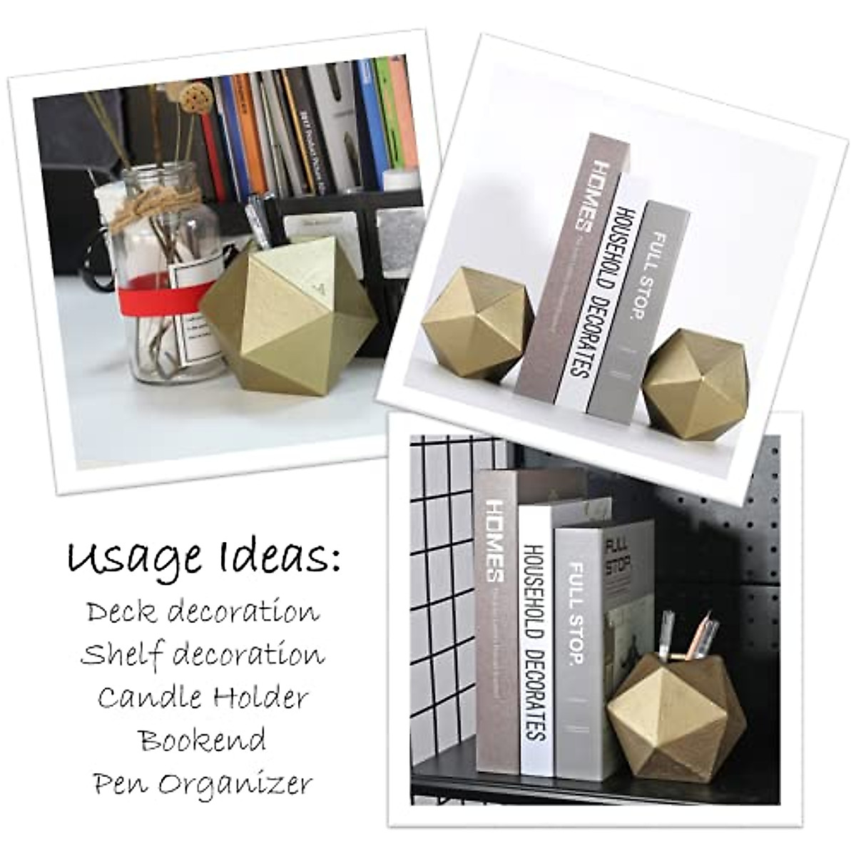 Ambipolar Geometric Decorative Ball Shaped Bookends, Modern Cast Iron Gold Bookends for Office Desk, Book Shelf, Room Decor, Home Office, Book Stand or Organizer, Set of 2