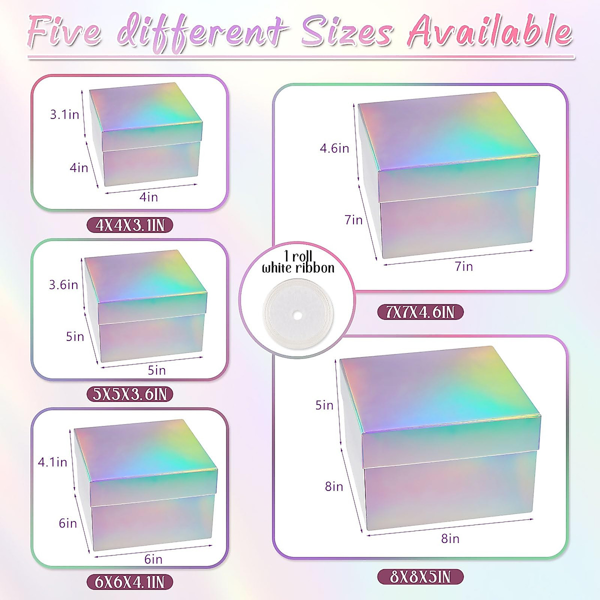 Fulmoon 5 Pcs Holographic Sliver Nesting Gift Boxes Square Gift Boxes with Lids Set 5 Assorted Sizes Laser Square Stacking Boxes with Ribbon for Wedding Festival Birthday Party Presents Keepsake