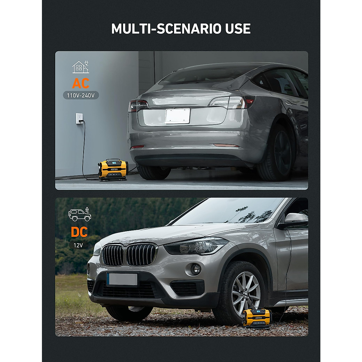 AstroAI Tire Inflator Portable Air Compressor Pump 150PSI 12V DC/110V AC with Dual Metal Motors &LED Light， Automotive Car Accessories&Two mode for car, bicycle tires and air mattresses, Yellow