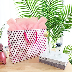 Moretoes 5 Pack Large Gift Bags With Tissue Paper 16" Foil Dot Paper Gift Bags for Valentine's Day, Birthday, Wedding, Holiday (Gold, Rose Gold, Blue, Red, Grey Metallic Dots)