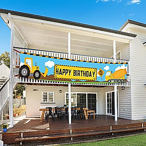ZDX Construction Theme Happy Birthday Banner 118'' x 20'' Large Indoor Outdoor Decorations Yard Sign Excavator Dump Trucks Boy Birthday Party Banner Supplies Cake Table Photo Background