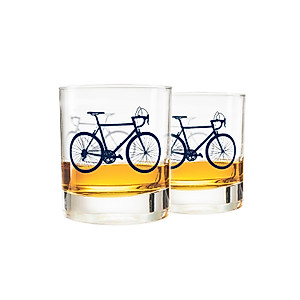 Greenline Goods – Bicycle Whiskey Glasses (Set of 2) |10 oz Tumbler Gift Set with Colorful Cyclist Designs | Unique Gifts for Cyclists & Bike Riders [Navy]