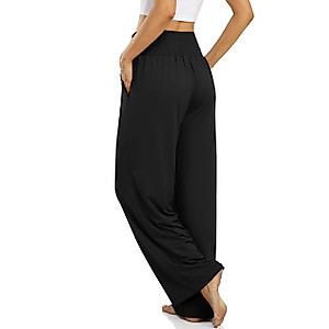 UEU Women's Wide Leg Pants Elastic High Waisted Travel Lounge Yoga Palazzo Pants with Pockets, Black, X-Large