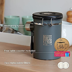 ALPACA VENTURES Stainless Steel Coffee Canister - 21oz Airtight Kitchen Food Storage Container with Date Tracker, CO2-Release Valve and Measuring Scoop For Ground Coffee, Beans, Tea, Sugar, Large (Gray)