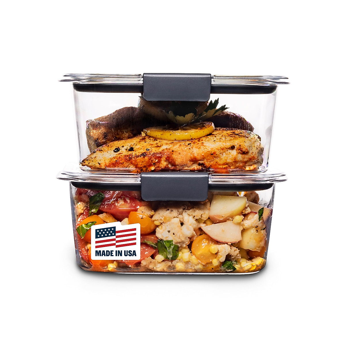 Rubbermaid 2-Piece Brilliance Food Storage Containers with Lids for Lunch, Meal Prep, and Leftovers, Dishwasher Safe, 4.7-Cup, Clear/Grey
