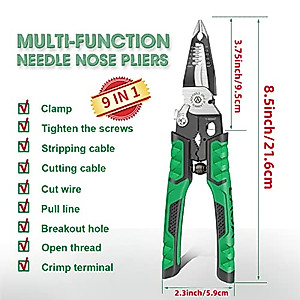 LAOA Needle Nose Pliers Electrician Pliers Wire Stripper Wire Stripper Tool,9-in-1 Multifunctional for Clamping,Tightening Screws,Stripping Wires,Cutting Cables,Iron Wires with 1pc Spring