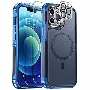 SUPFINE Magnetic for iPhone 12 Pro Max Case (Compatible with MagSafe) (12 FT Military Grade Drop Protection) 2X(Tempered Glass Screen Protector and Camera Lens Protector) Non-Slip Case, Deep Blue