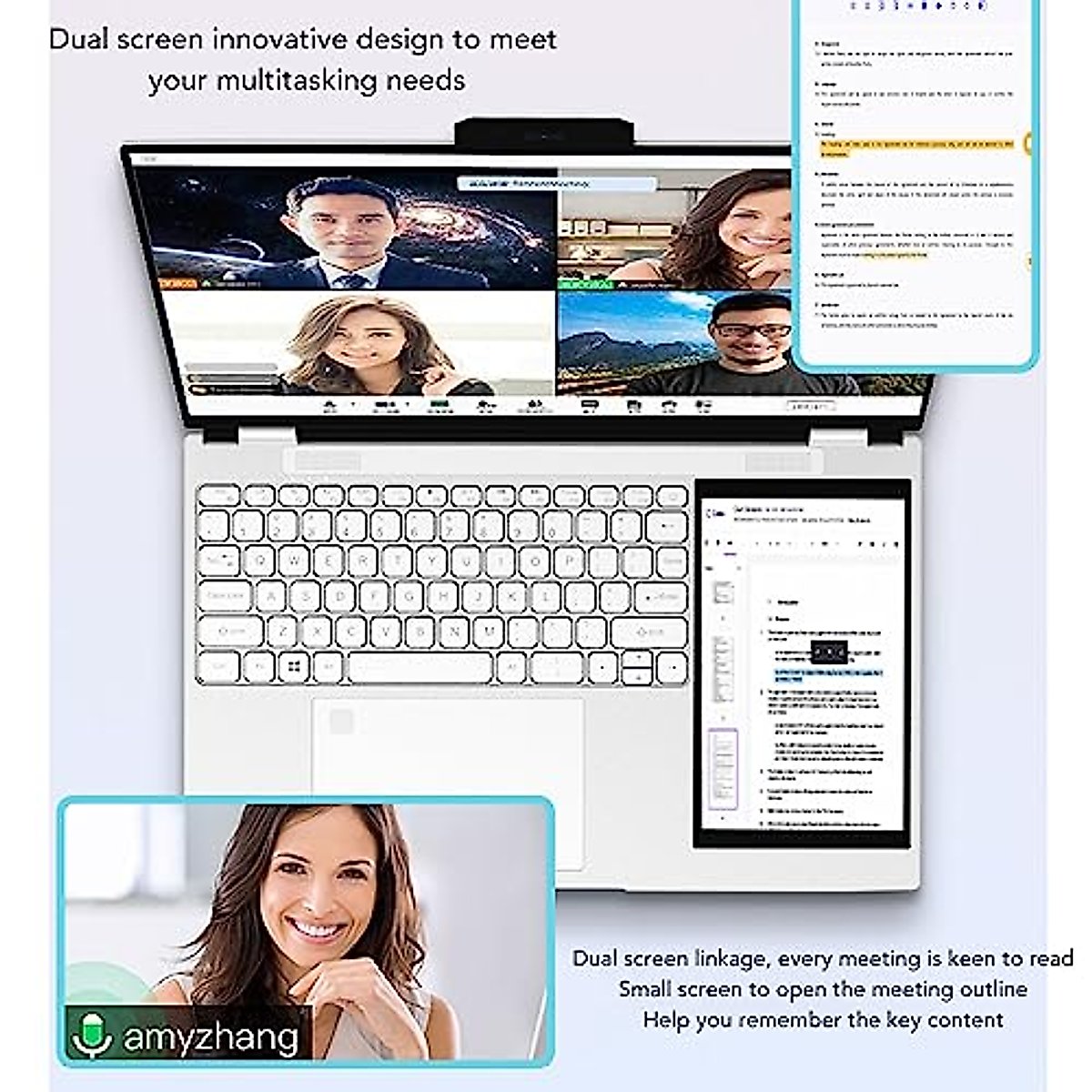 ASHATA for Win 11 Double Screen Laptop 15.6 inch, for Intel Celeron N5105 Quad Core Quad Processor Up to 2.9GHz 16G RAM Notebook with 7in IPS Screen, Backlight Keyboard (16GB+1TB)