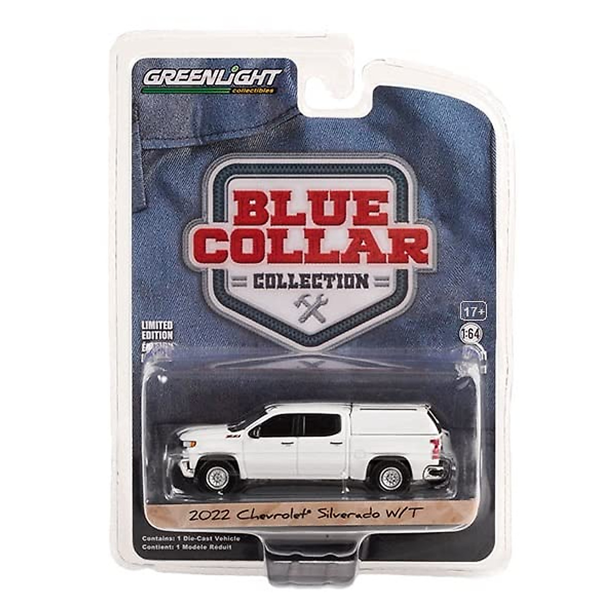 Greenlight 35240-F Blue Collar Collection Series 11-2022 Chevy Silverado W/T with Camper Shell - Summit White 1:64 Scale Diecast