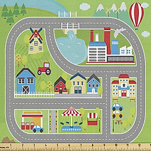 Ambesonne Car Race Track Fabric by The Yard, Roadway Activity Sunny City Landscape Illustration with Farm Factory, Decorative Fabric for Upholstery and Home Accents, Green Grey