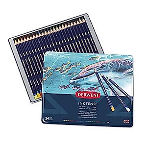 Derwent Inktense Pencils Tin, Set of 24, Great for Holiday Gifts, 4mm Round Core, Firm Texture, Watersoluble, Ideal for Watercolor, Drawing, Coloring and Painting on Paper and Fabric (0700929)