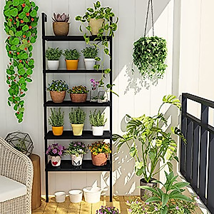 Lamerge Wall-Mounted Ladder Shelf,Industrial 5 Tier Bookcase with Metal Frame, Plant Flower Stand Display Storage Organizer Shelves,Open Bookshelf for Home Office,Black+Black