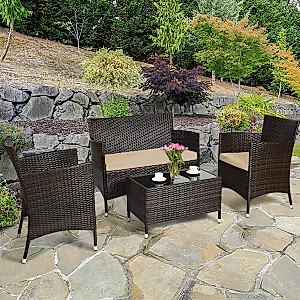 RELAX4LIFE 4-Piece Patio Furniture Set - Wicker Rattan Chairs w/Tempered Glass Coffee Table & Seat Cushions, Sofa Set for Garden Backyard Porch Balcony, Outdoor Conversation Set (Brown, 1)