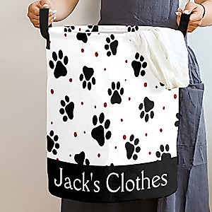 Dog Paw Personalized Freestanding Laundry Hamper, Custom Waterproof Collapsible Drawstring Basket Storage Bins with Handle for Clothes