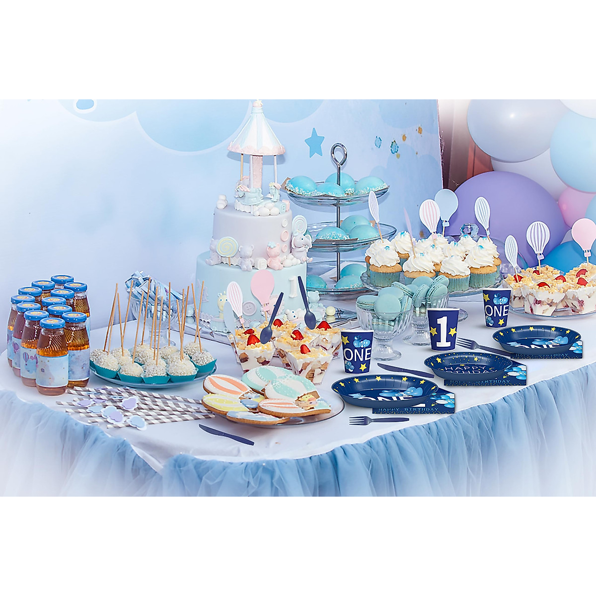 168 PCS Baby Boy 1st Birthday Baby Shower Favors Tableware Set, ONE Blue Set Serves 24 Guests Complete Set Plates & Silverware | Eco-Friendly Disposable Premium Thick Paper for Baby Shower Decorations