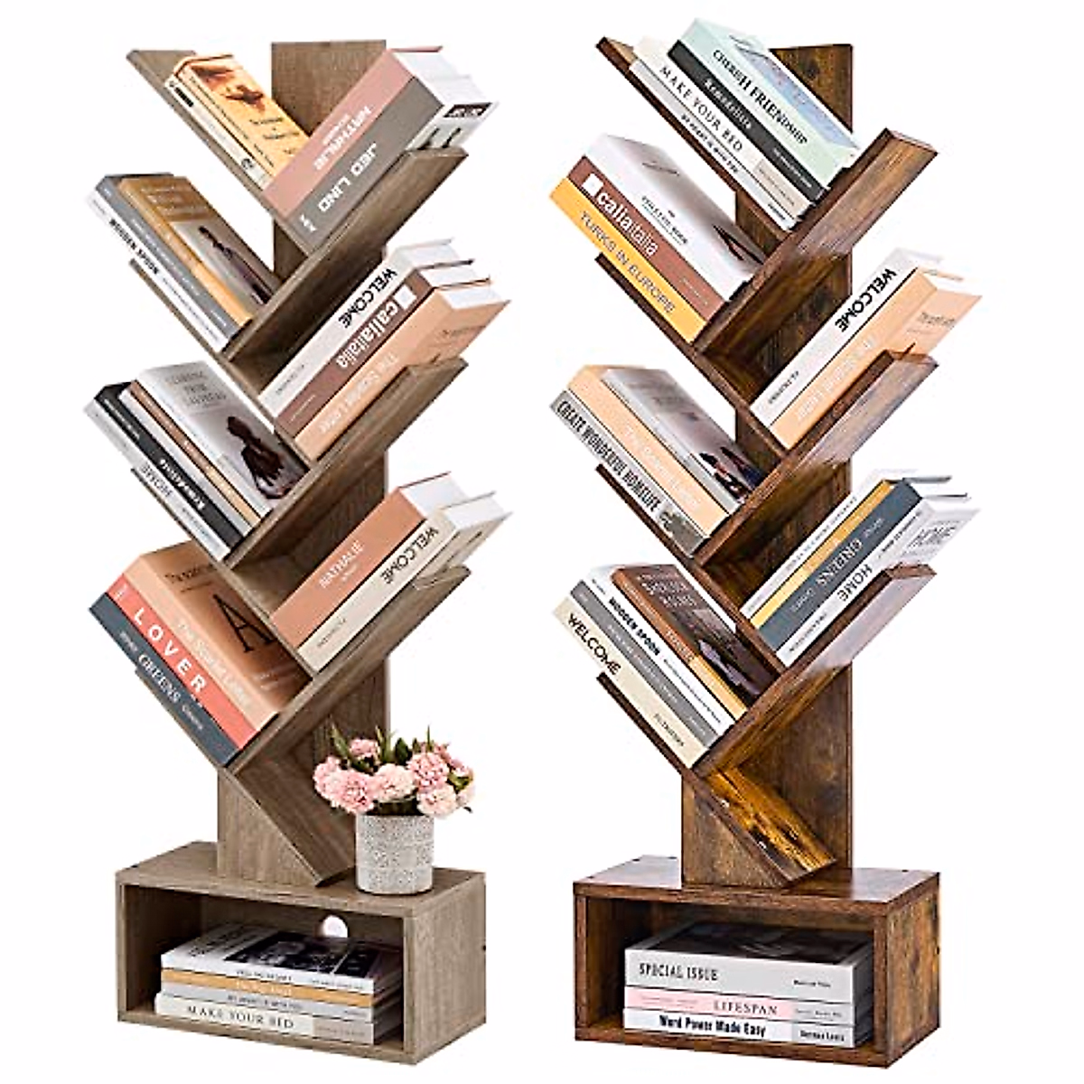 Hoctieon 6 Tier Tree Bookshelf, 6 Shelf Bookcase with Drawer, Modern Book Storage, Free Standing Tree Bookcase, Display Floor Standing Storage Shelf for Books, Utility Organizer Shelves