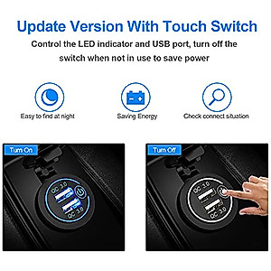 Quick Charge 3.0 Dual USB Charger Socket, Waterproof 12V/24V USB Outlet QC3.0 Fast Charger Socket with Touch Switch DIY Kit for Car, Golf Cart, Marine, Boat, RV, Motorcycle, Truck, etc (Blue)