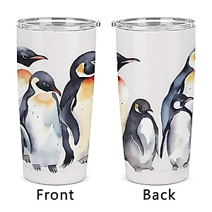 20 Oz Tumbler With Straw Leak Proof Thermos Cup, Animal Penguins Watercolor Pattern Stainless Steel Insulated Travel Coffee Mug Fit for Car Cup Holder
