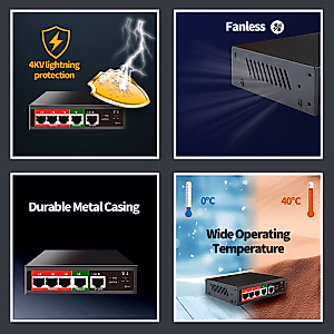 STEAMEMO 5 Port AI PoE Switch (4 POE Ports +1 Uplink), 802.3af/at PoE 100Mbps, 52W Built-in Power, Extend to 250Meter, Unmanaged Metal Plug and Play