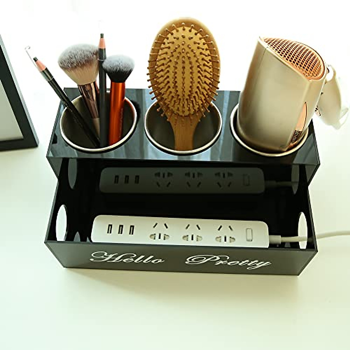 Hair Tool Organizer, Black Acrylic Hair Dryer and Styling Organizer, Bathroom Countertop Blow Dryer Holder, Vanity Caddy Storage Stand for Accessories, Makeup, Toiletries