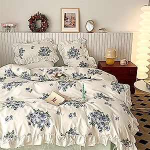 JamChe Lovely Pastoral Style Ink Paint Embroidered Flower Ruffle Lace Bedding 100% Cotton Quilt Cover Sheet Four Piece Set,L,14,Queen 180cm Bed 4pcs