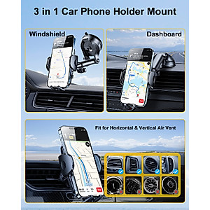 Rorhxia 3-in-1 Phone Mount for Car [2024 Most Stable and Flexible Suction Cup] Vent Dashboard Windshield Cell Phone Holder Car Fit for iPhone 15 14 13 12 Pro Max Samsung S23 S22 S21 All Phone