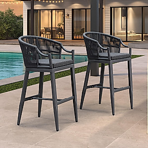 PURPLE LEAF Patio Bar Stools Set of 2 Outdoor Wicker Modern High Bar Chairs Metal Cushioned Barstools with Backs and Ergonomic Armrest for Balcony Garden Indoor Kitchen Island, Gray