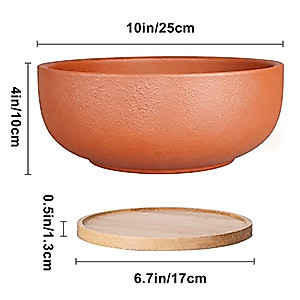 SQOWL 10 Inch Large Terracotta Planter Pot,Clay Succulent Bonsai Planter with Drainage Hole and Bamboo Saucer for Indoor Plants