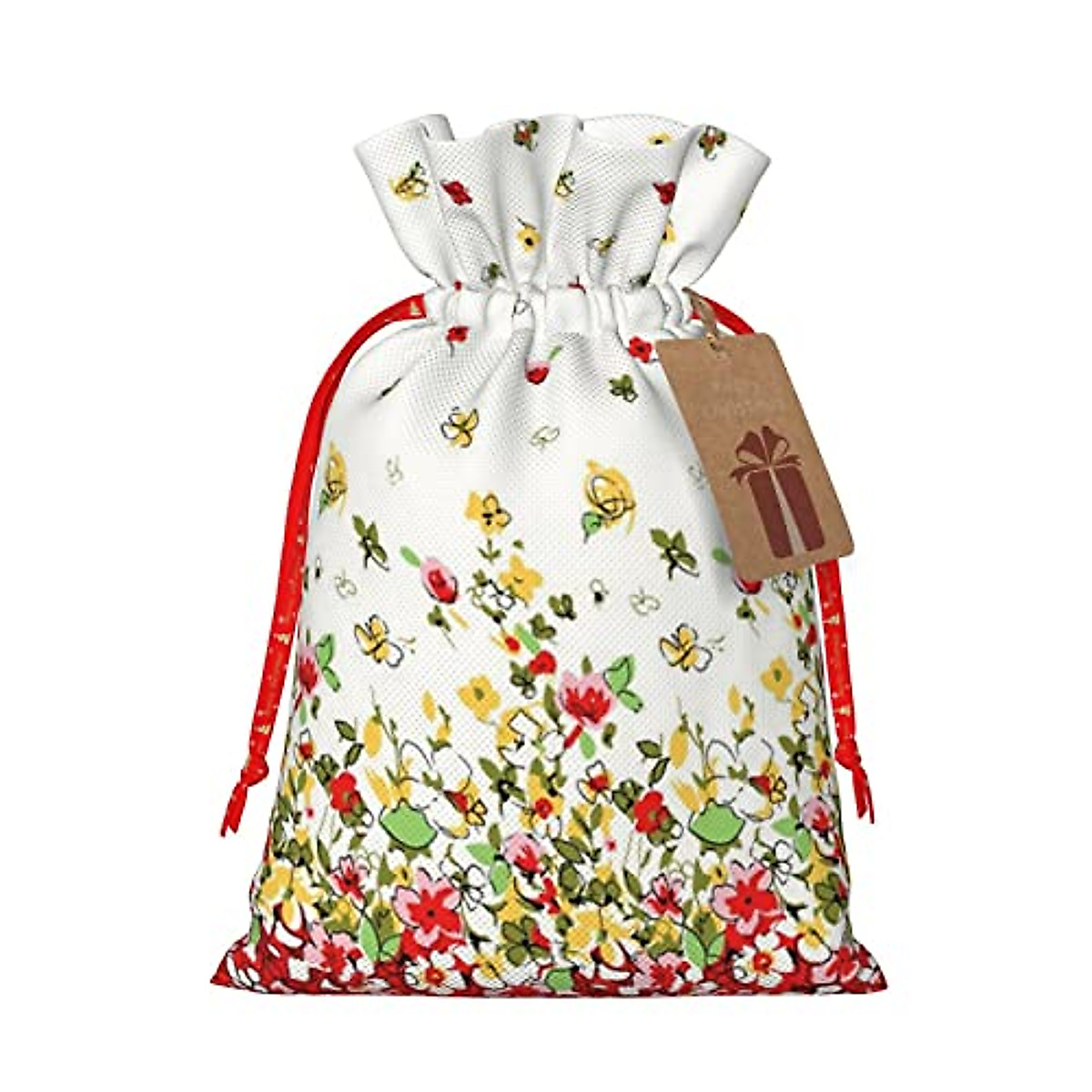Drawstrings Christmas Gift Bags Watercolor-Floral-Bee-Butterfly Presents Wrapping Bags Xmas Gift Wrapping Sacks Pouches Medium
