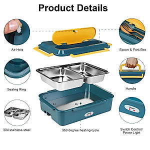 Electric Lunch Box Food Heater, 3 in 1 Food Warmer 12V 24V 110V Portable Heated Lunch Boxes for Car/Truck/Home Self Heating Box with 2 Removable 304 Stainless Steel Container, Fork & Spoon and Carry
