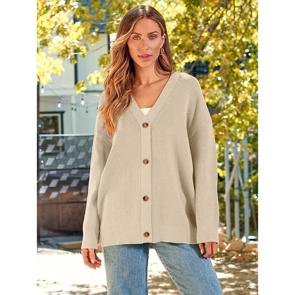 LILLUSORY Women Oversized Cardigan Sweater Fall Outfits Cloth Fashion 2024 V Neck Long Cashmere Knit Button Front Trendy Tops Apricot