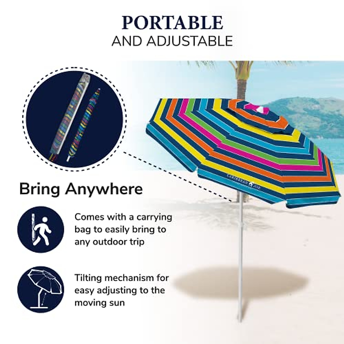Caribbean Joe Chaby International Portable, Adjustable Tilt Beach Umbrella with UV Protection, 7 FT