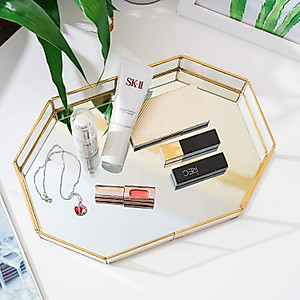 Decorative Metal Mirror Catchall Tray, Glass Vanity Tray, Dresser Tray, Jewelry Display Tray, Vanity Organizer for Accent Table, Gold Leaf Finish, 12.4x8.5x2 inches (Polygon)