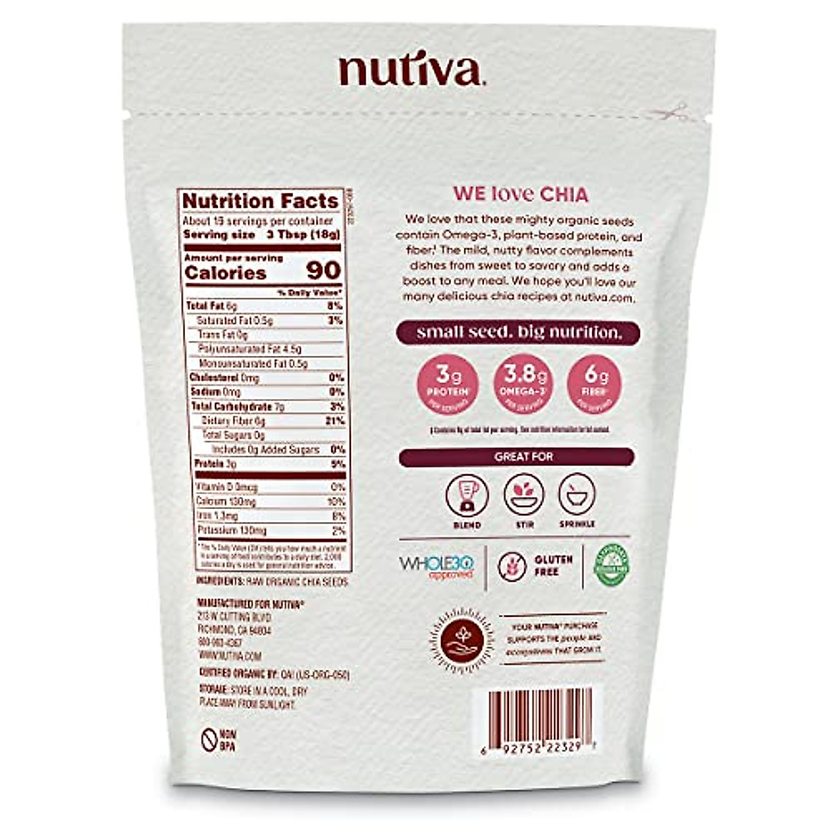 Nutiva Organic Premium Raw Ground Chia Seeds, 12 Oz, USDA Organic, Non-GMO, Whole 30 Approved, Vegan, Gluten-No & Keto, Nutrient-Dense Seeds with 3g Protein & 5g Fiber for Salads, Yogurt & Smoothies