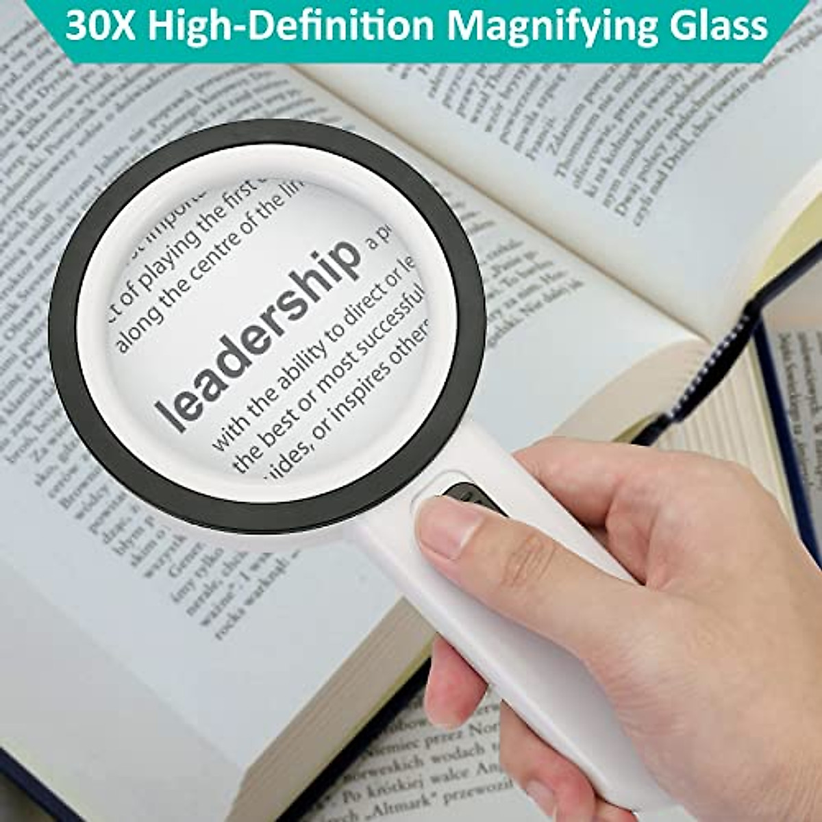 30X Magnifying Glass with Light and Case - Reading Magnifying Glass Handheld Large Glass Lens Magnifier Ideal for Seniors, Inspection, Coins, Stamps, Jewelry, Macular Degeneration