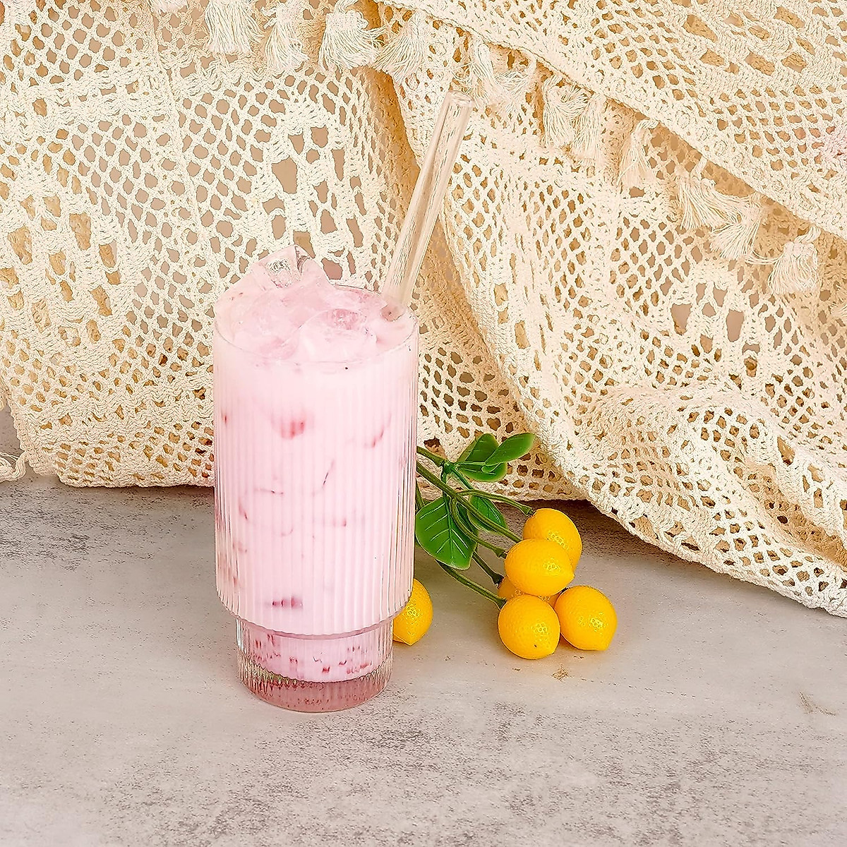 Ribbed Glassware Set of 4, 14oz Ribbed Glass Cups with Glass Straw, Ribbed Juice Glass Fluted Glassware Ribbed Drinking Glasses for Margaritas Whiskey Smoothie Ice Tea Coffee Soda Cocktail Beer Gift