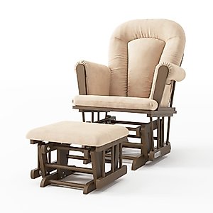 Child Craft Tranquil Glider Rocker and Ottoman Set, Extra Thick Padded Cushion with Convenient Storage Pockets, Solid Wood Base & Frame (Cocoa Bean Brown Frame with Tan Microfiber Foam Cushion)