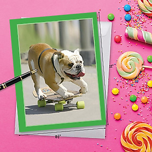NobleWorks - Hilarious Happy Birthday Card with Envelope (8.5 x 11 Inch) - Funny Animal Greeting Card From All Of Us - Skating Bulldogs - Green Wheels J9517EBDG-US