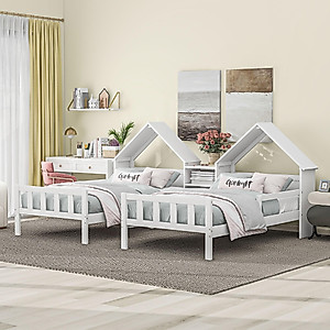 Flieks Double Twin Size Platform Bed with House-Shaped Headboard and a Built-in Nightstand, White