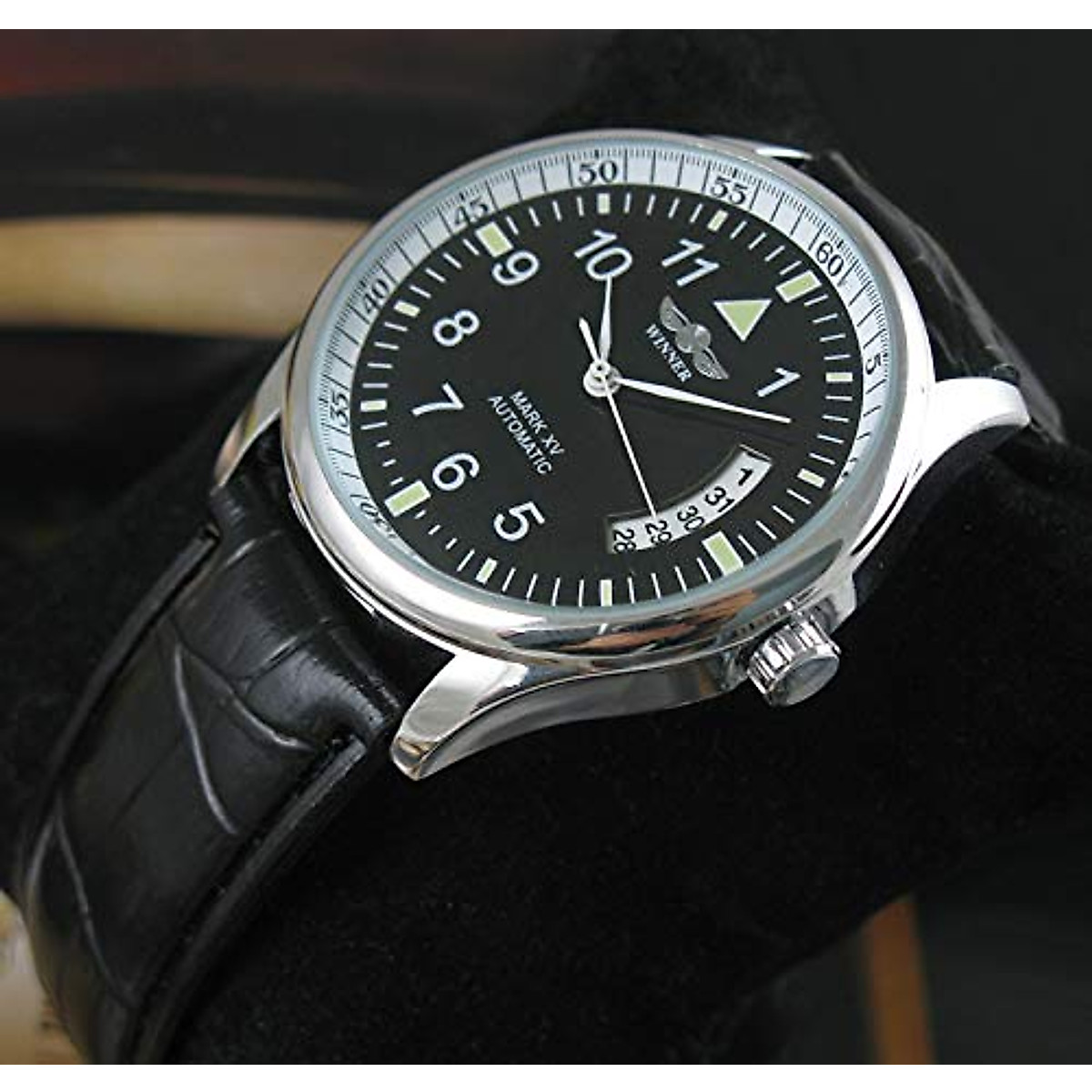 VIGOROSO Men's Sport Day Date Black Leather Automatic Self Winding Watch