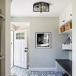 Odeums Indoor Flush Mount Lights, 2-Lights Interior Exterior Ceiling Lights Fixture, Antique Bronze Finish with Clear Hammered Glass