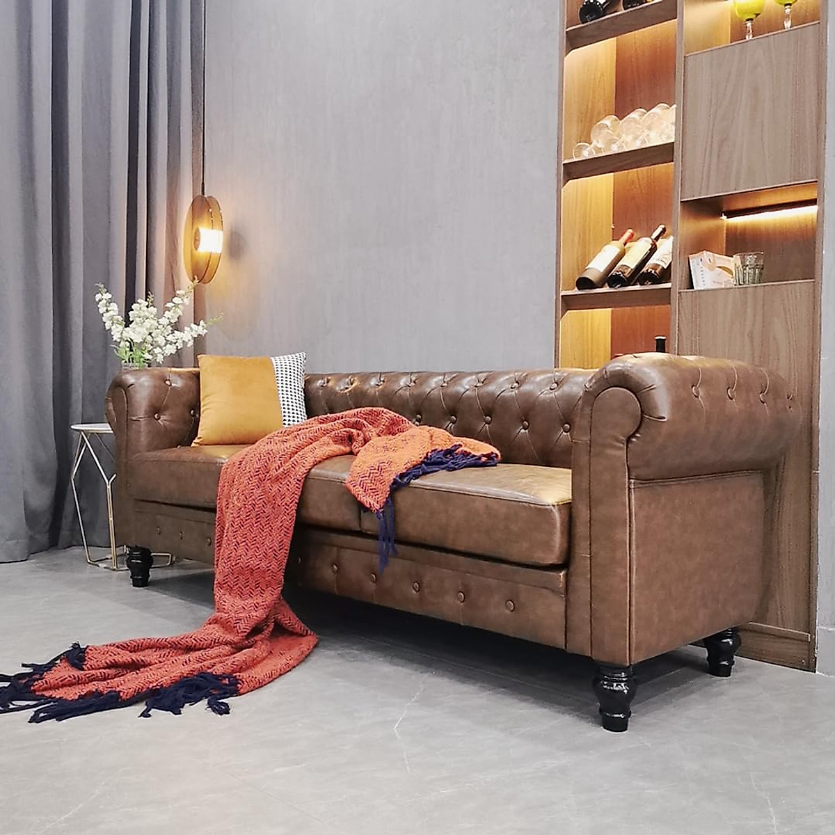 Lunanniu 88.2 Inch Classic Chesterfield Style PU Leather Sofa Rolled Arms Couch with Tufted Back Solid Wood Legs 3-Seater Couch for Living Room Elegant and Timeless Design Comfortable Seating Brown