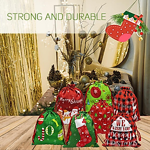 BAISDY 12Pcs Christmas Drawstring Gift Bags Fabric Reusable Christmas Buffalo Plaid Xmas Snowflake Gift Bags for Holiday Party Present Favor