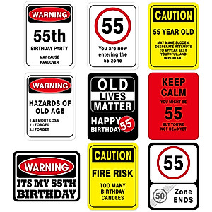 WERNNSAI 55th Birthday Party Decorations - 9PCS Wall Signs Funny Tags for Adults 55 Years Old Party Decor 55 Zone Table Centerpieces Yellow Caution Logos on Door Yard Garden Banner Tea Party Supplies