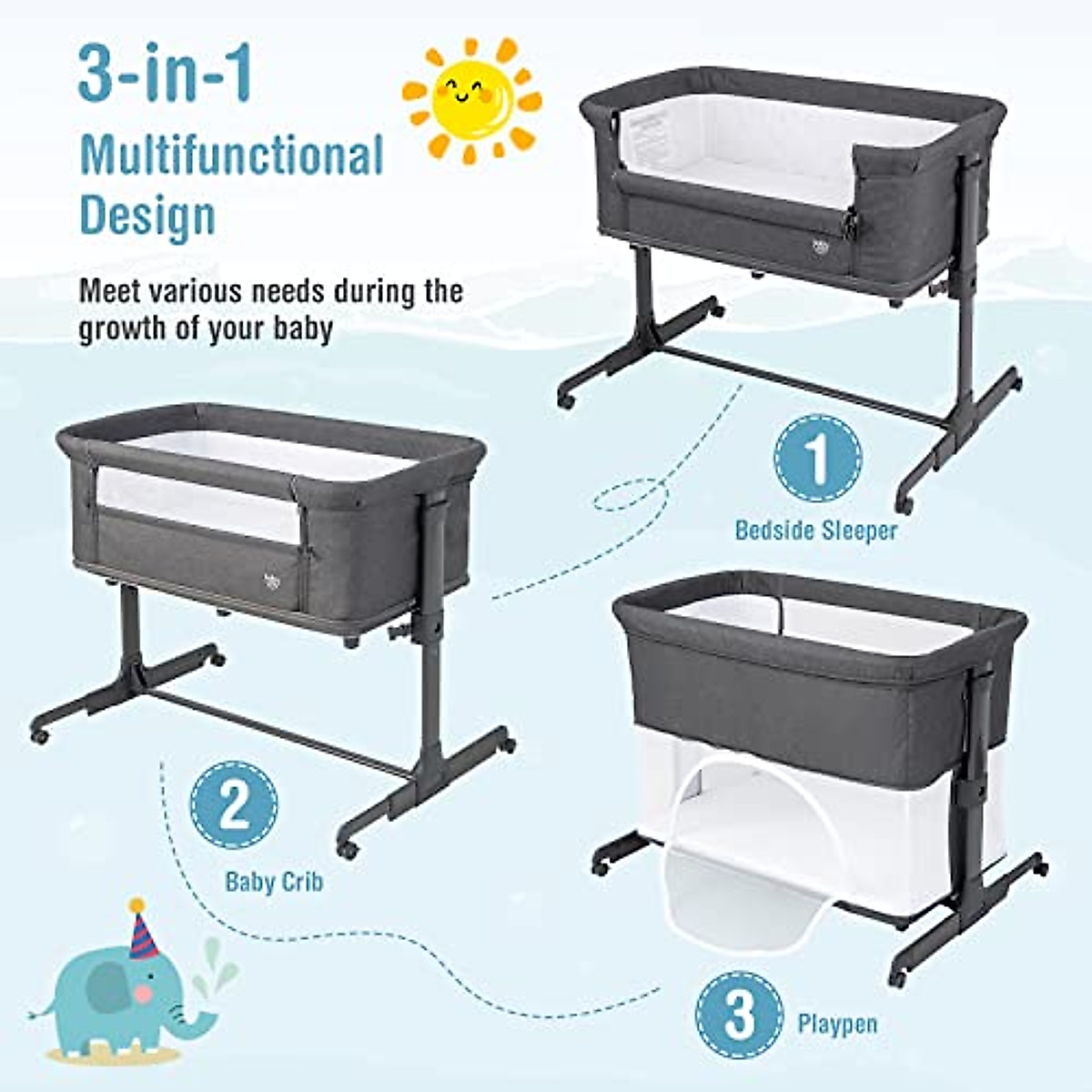 BABY JOY 3-in-1 Bassinet Bedside Sleeper, Playpen & Baby Crib w/Mattress, 5 Adjustable Heights, Lockable Wheels & Travel Bag for Safe Cosleeping, Portable Baby Bassinet for Infants Newborn (Black)