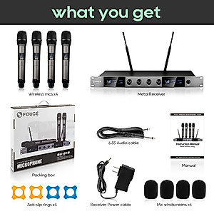 FDUCE Wireless Microphons System, 4-Channel UHF Handheld Mics Set of 4 Cordless Microphone, FCC Fixed Frequency, Volume Control, Wide Use for Karaoke, Party, Conference, Wedding, Church(SU518)