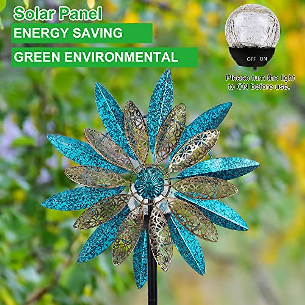 Glintoper Solar Wind Spinner, Outdoor Metal Stake Yard Spinners, Hollow Leaf Garden Kinetic Wind Catcher Wind Mills, Solar Powered Color Changing LED with Glass Ball, for Patio Lawn Yard