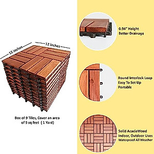 CLOVERHOLM Interlocking Deck Tiles 12x12 inches, 10PCS Waterproof Acacia Wood Patio Tiles, Easy Snap Flooring Tiles for Indoor and Outdoor,Balcony, Entry, Poolside Tiles (Tiles-Teak-P9)