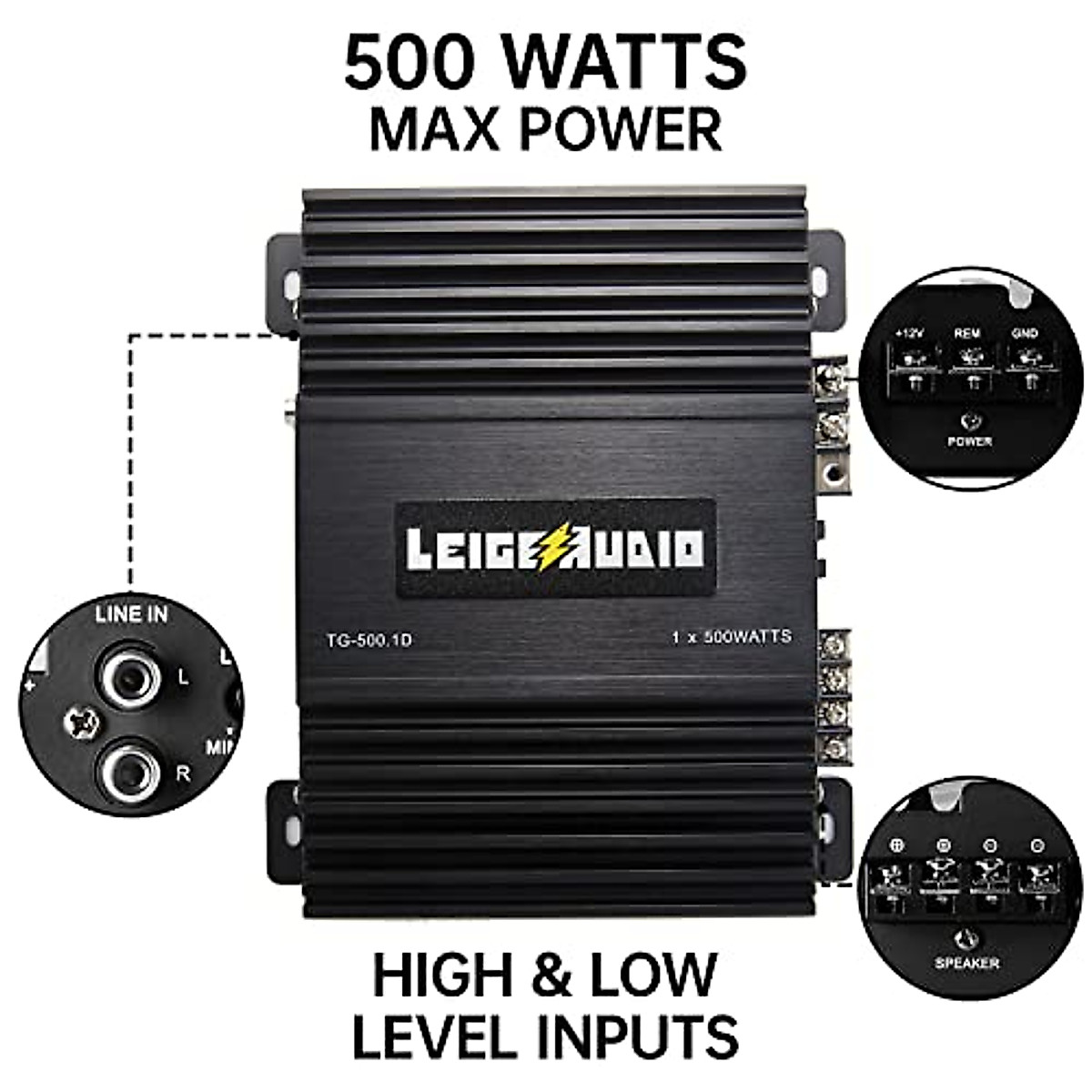 LEIGESAUDIO 500 Watts MonoBlock Amplifier, Class D, 1 Ohm Stable Subwoofer Amplifiers for Car Audio Speakers