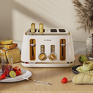 evoloop Toaster 4 Slice, Oversize Retro Stainless Steel Bread Toaster with Dual Independent Control Panels, 6 Browning Level, Bagel, Defrost & Cancel, -1.5" Extra Wide Slots, Removable Crumb Tray